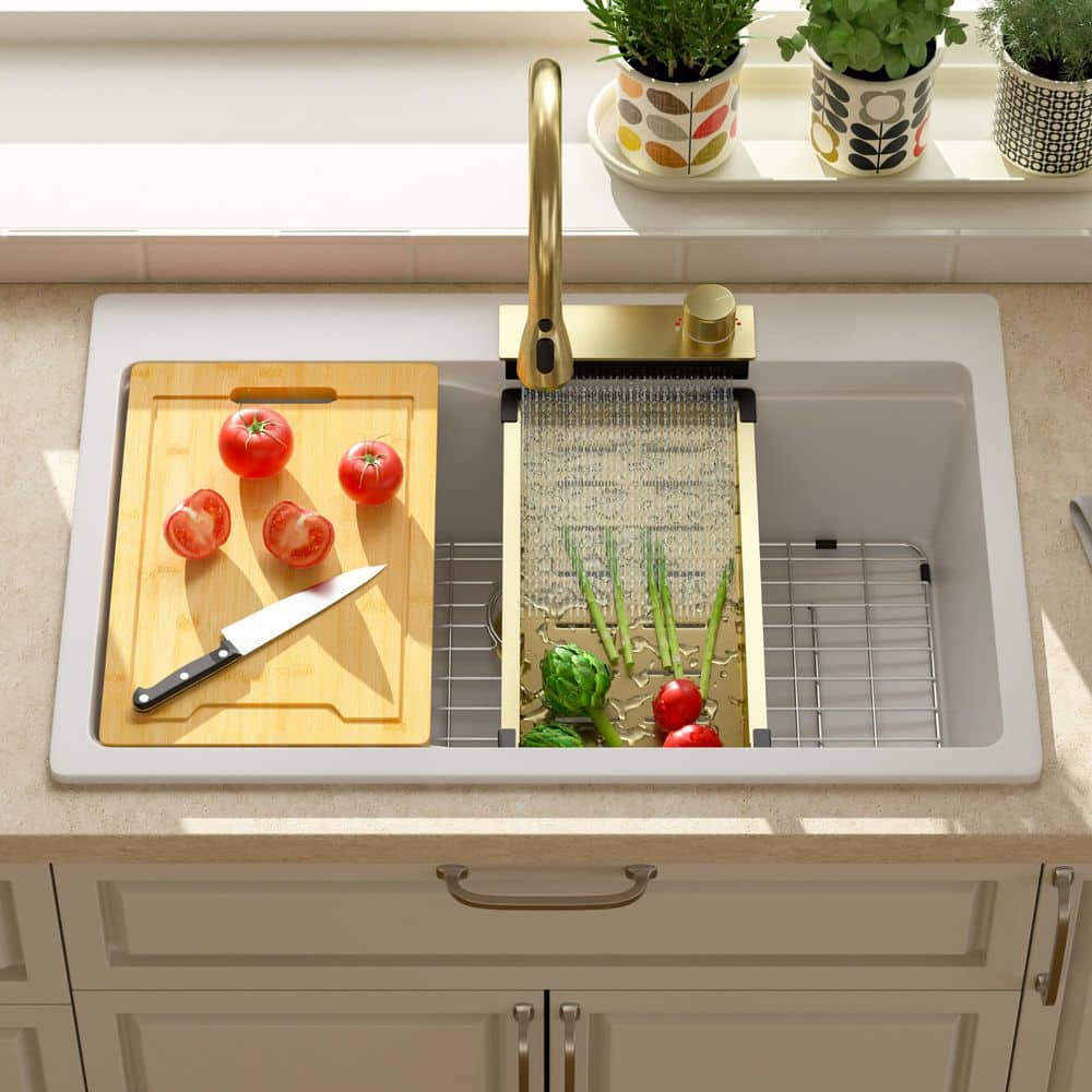 LORDEAR 33 in.W x 22 in.D White Drop-In Single Bowl Waterfall Quartz ...