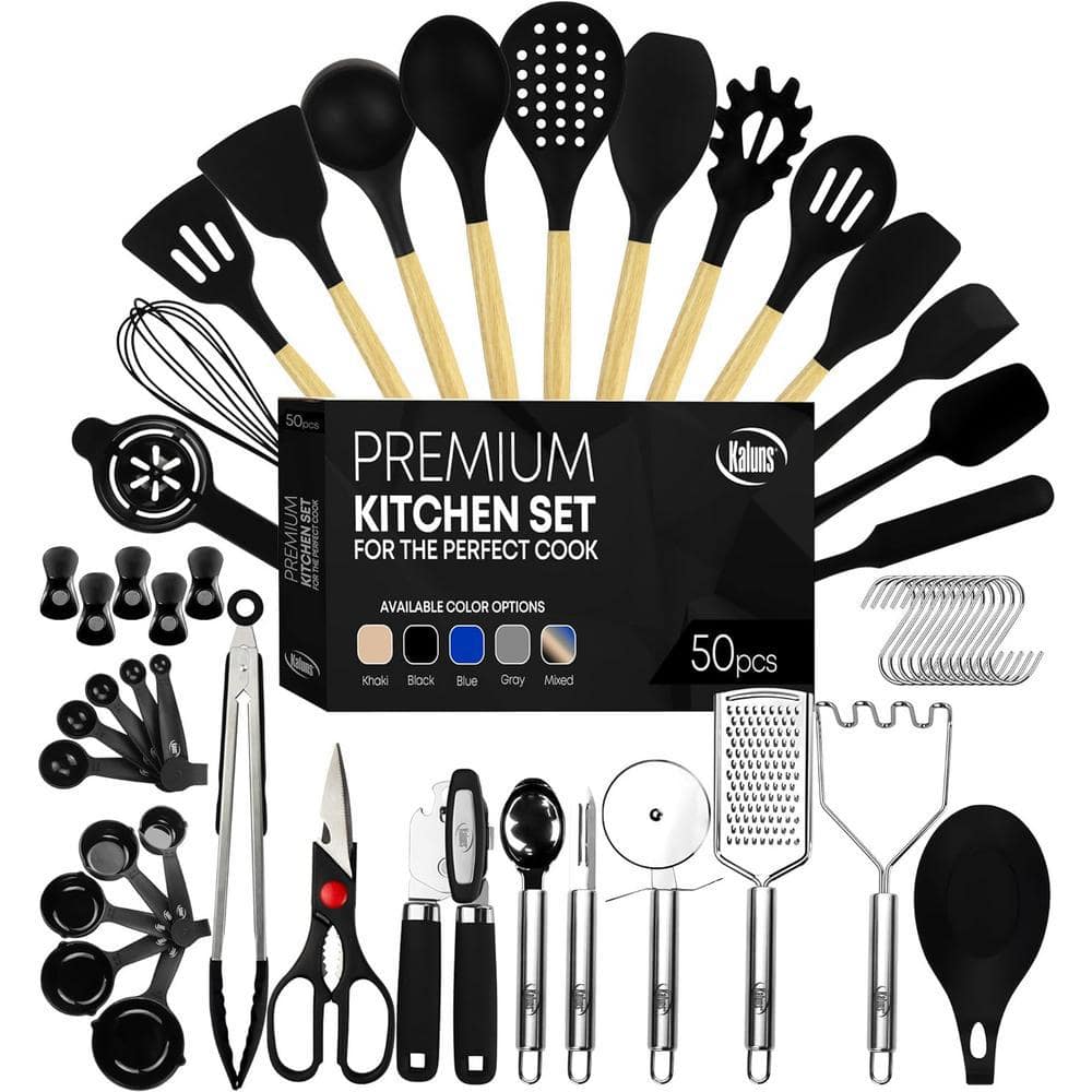 Kaluns Black, 50-Piece Set of Silicone Kitchen Utensils, Complete ...