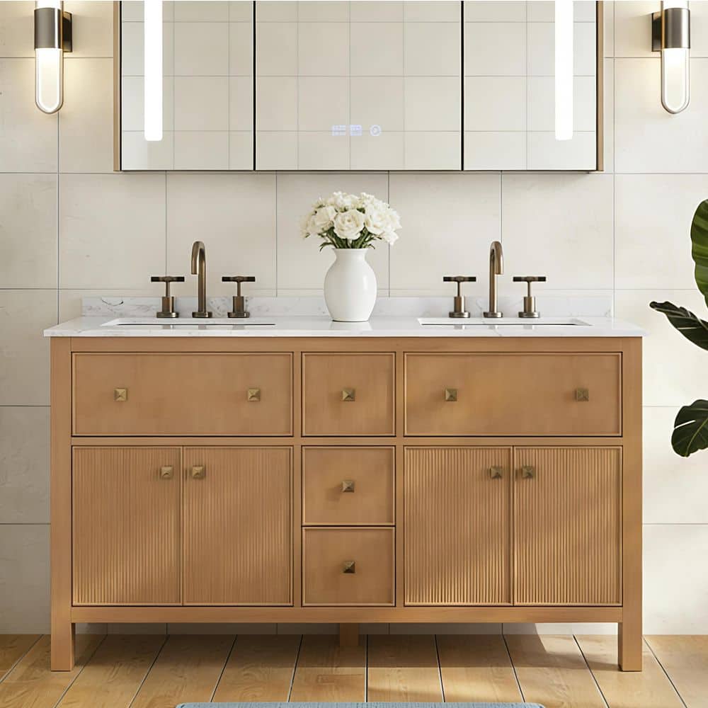 DEERVALLEY 60 in. Double Sink Freestanding Weathered Tan Wood Bath ...