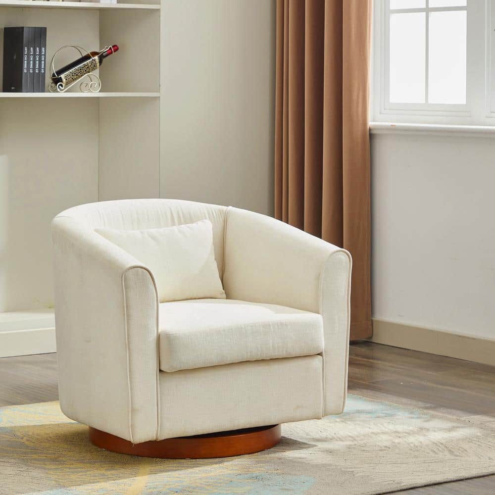 JUJABU White Chenille Swivel Accent Chair with Wood Base Side for ...