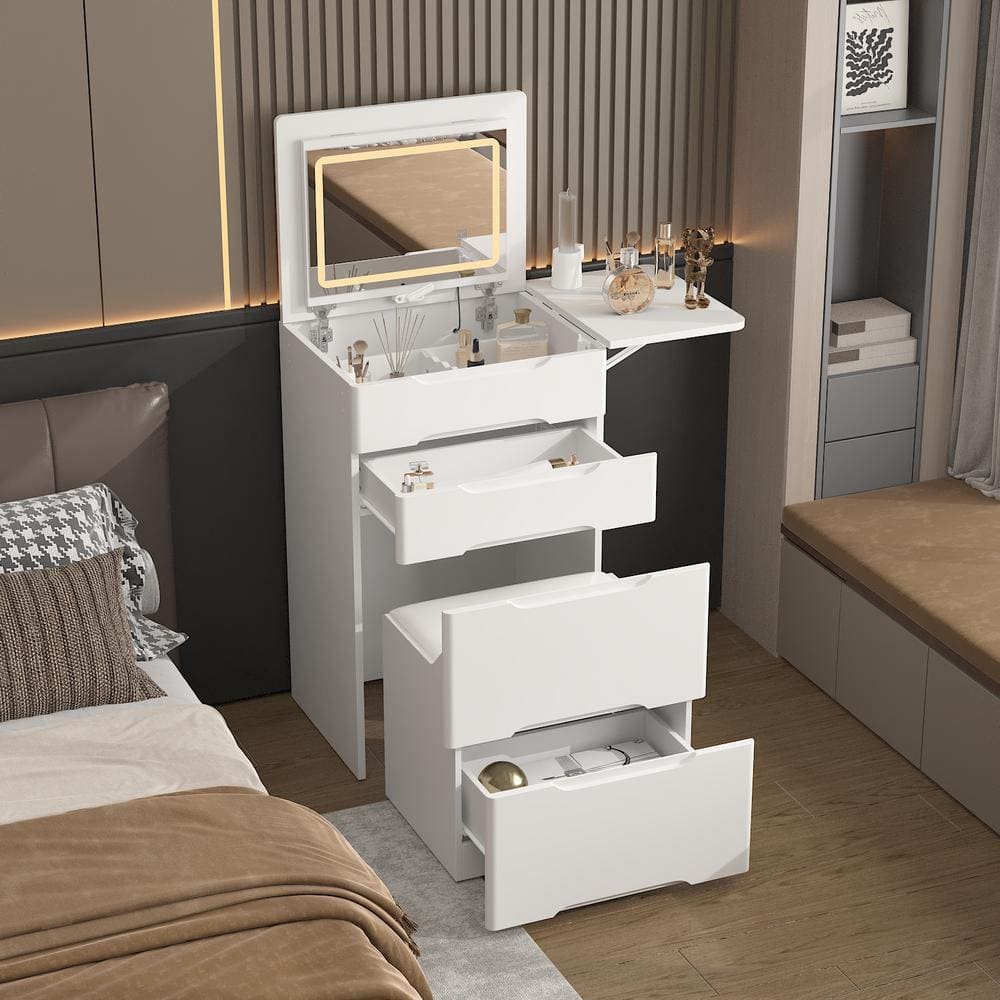 FUFU&GAGA 2-Drawer White Wood Makeup Vanity Set Dresser Table with Flip ...