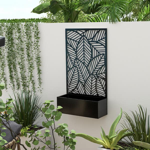 Outsunny Outdoor Privacy Screen with Planter Box, Black, Metal Privacy ...
