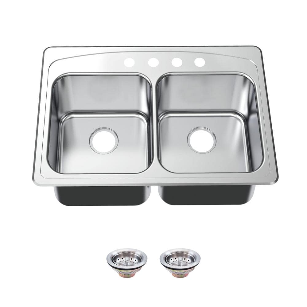Glacier Bay Drop-In Stainless Steel 33 in. 4-Hole 50/50 Double Bowl ...
