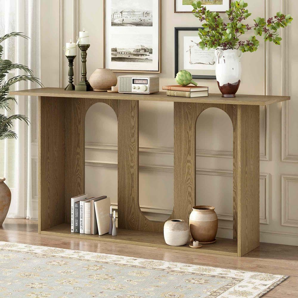 Polibi 60 in. Natural Rectangle Wood Console Table Entryway Table RS519 ...