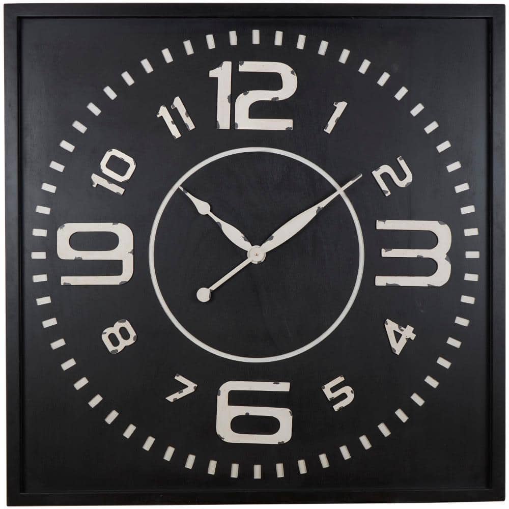 Litton Lane Black Wood Large Distressed Analog Wall Clock with White ...
