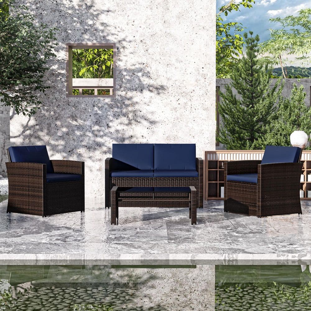 Gardenbee 4-Piece Wicker Outdoor Patio Conversation Set with Blue ...