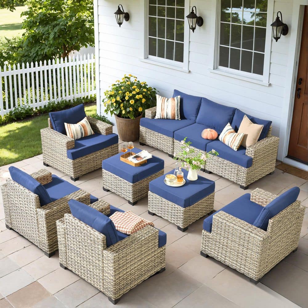 OVIOS Tiberte Gray 9-Piece Wicker Patio Conversation Seating Set with ...