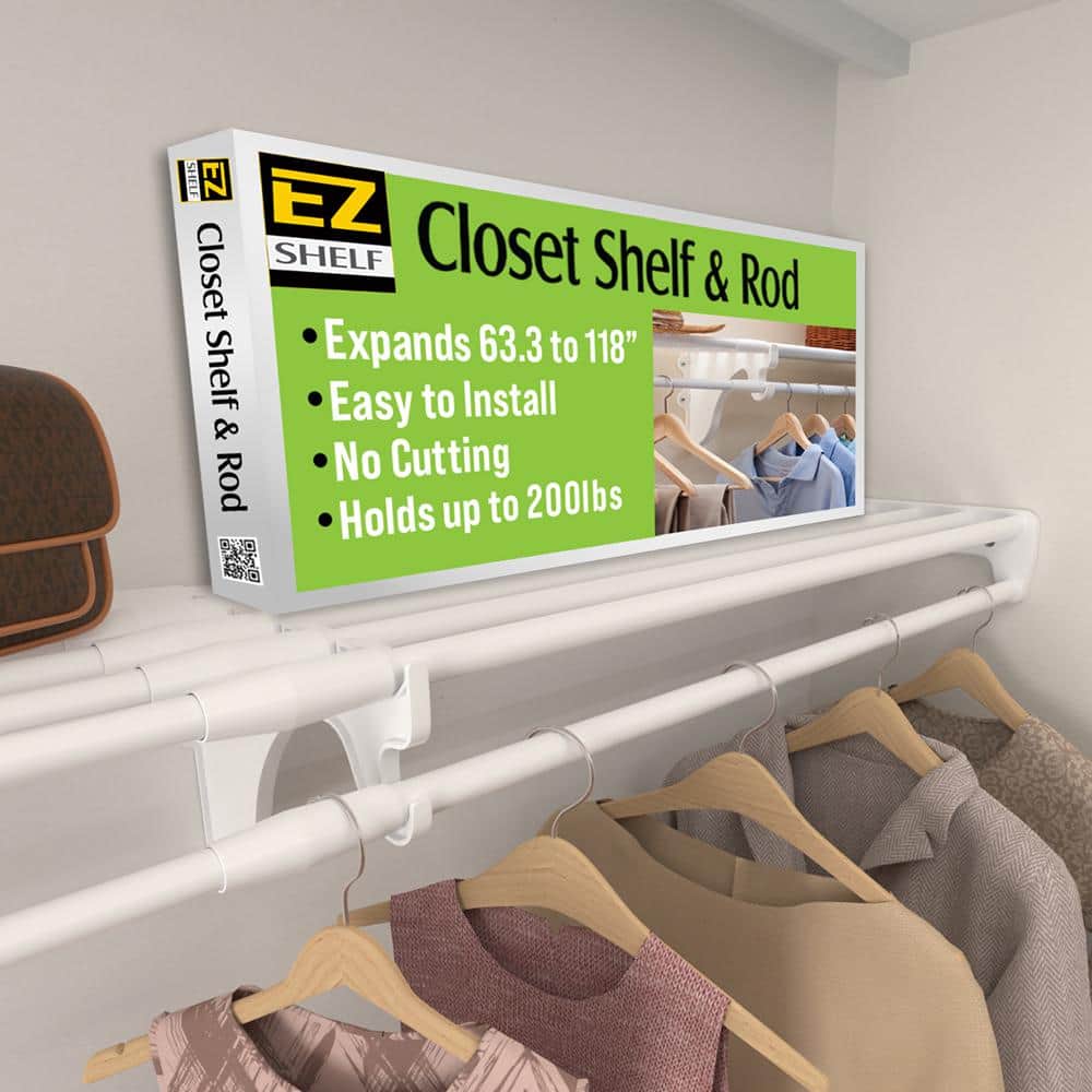 EZ Shelf Expandable Closet Shelf & Rod 64 in. W - 118 in. W, White ...