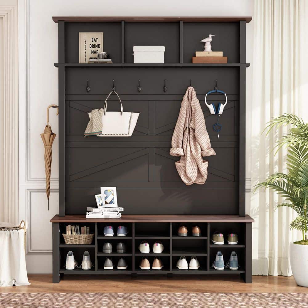 Noble House Regina 4 in 1 Black+Walnut Entryway Hall Tree with Bench ...