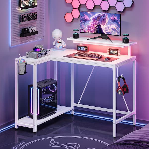 PINMOCO 42 in. L-Shaped White Carbon Fiber Reversible Gaming Desk LED ...