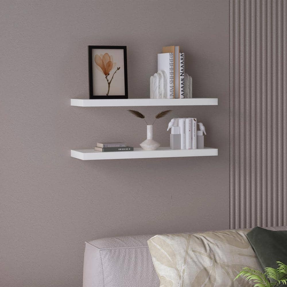 32 in. W x 10 in. D White Decorative Floating Wall Shelves Set of 2 ...
