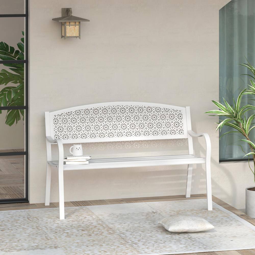 Maypex 49 in. 2-Person White Metal Outdoor Garden Bench H1301083-WHT ...