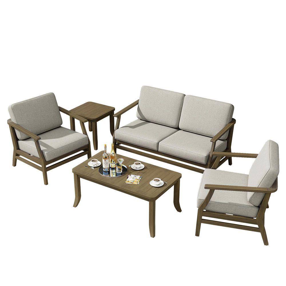 Uixe 5-Piece Brown Teak Patio Conversation Set with Light Camel ...