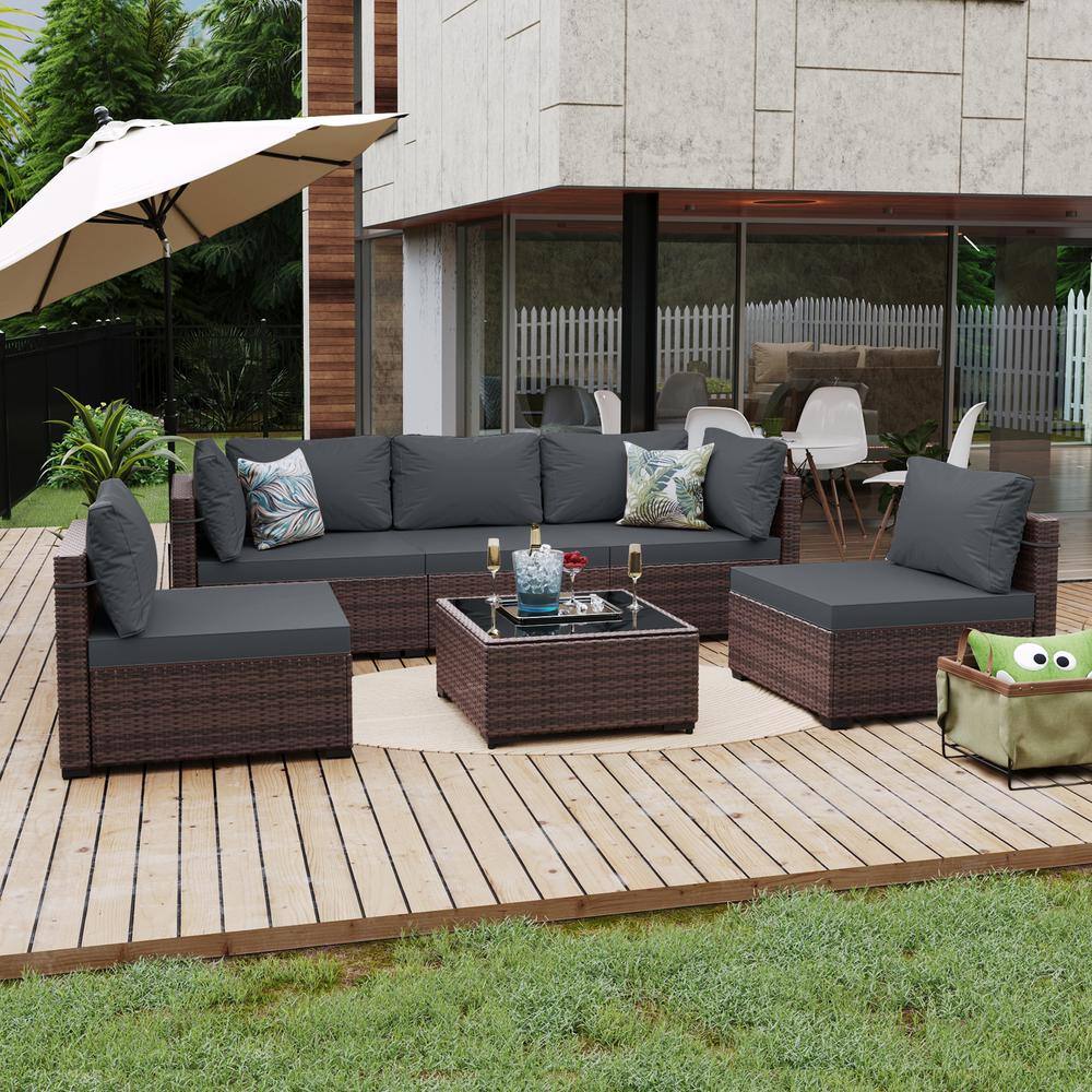 PATIOGUARDER 6-Piece Outdoor Wicker Patio Conversation Sofa Set with ...