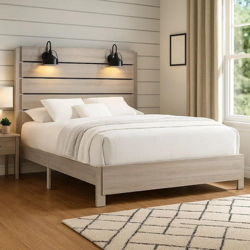 Benjara Lei White Wood Frame Queen Panel Bed with Tall Slatted ...