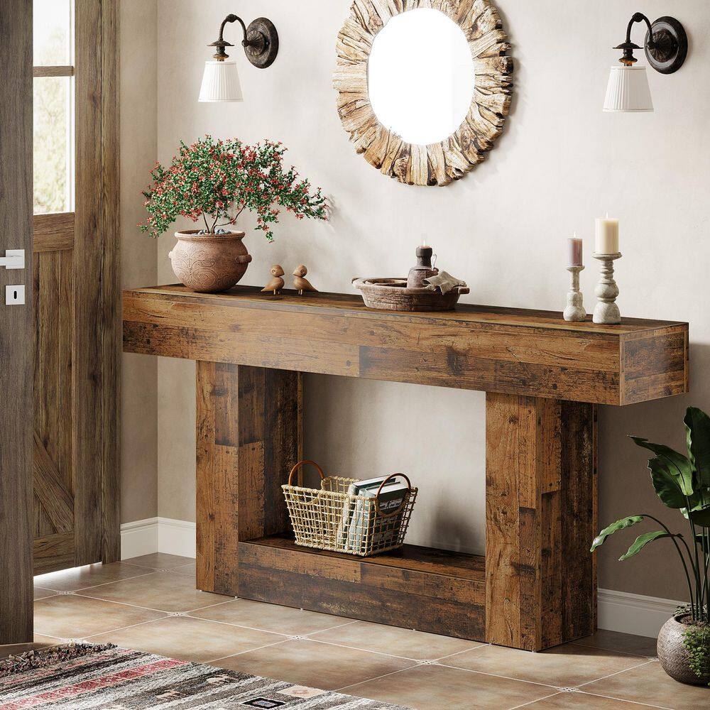 BYBLIGHT Turrella 63 in. Mixed Brown Rectangle Wood Console Table with ...