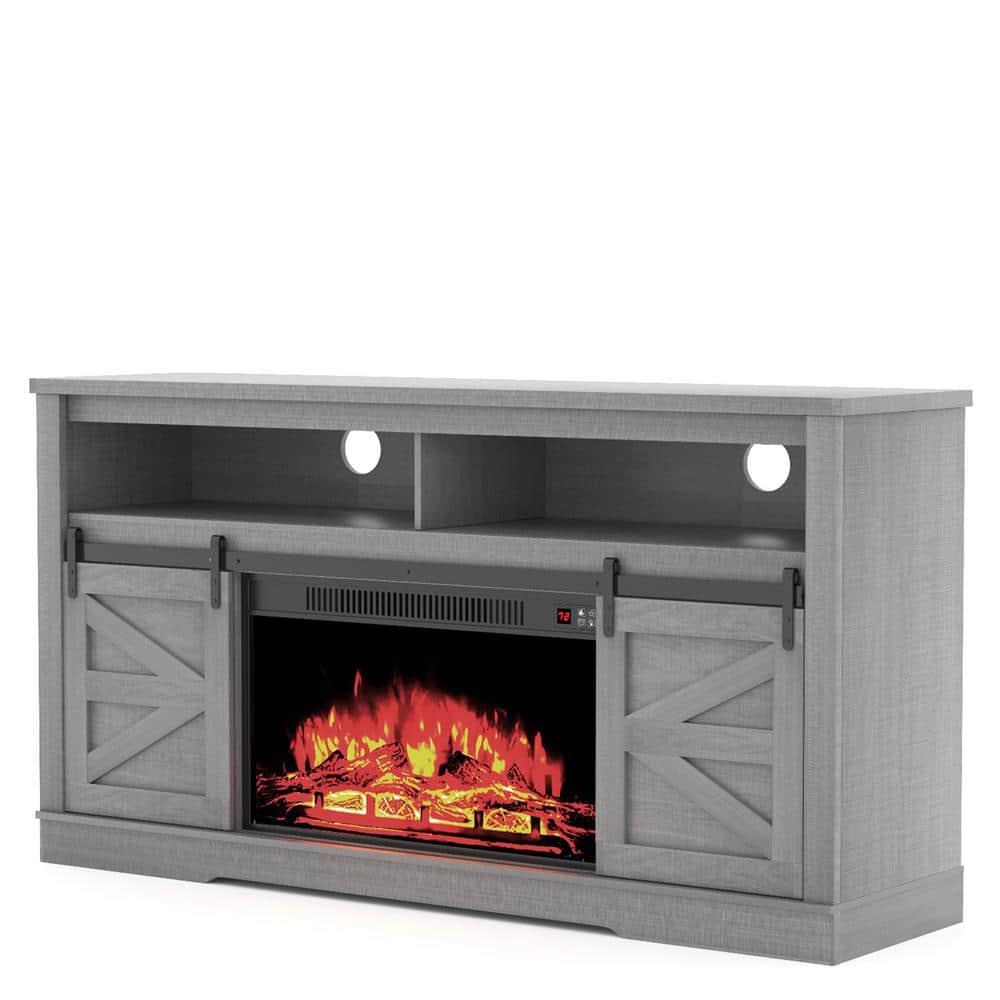 LACOO 59 in. Farmhouse Fireplaced Tv Stand with Adjustable Shelves Gray ...