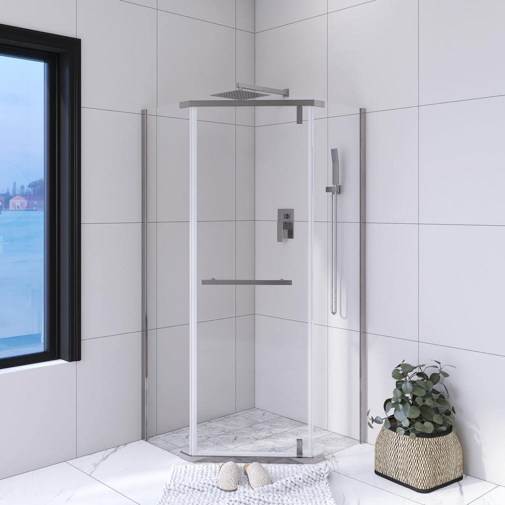 JimsMaison 36 in. W x 72 in. H Neo-Angle Pivot Semi Frameless Corner Shower Enclosure in Chrome ...