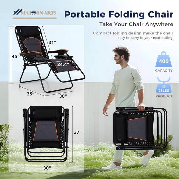 Oversized Black Metal Reclining Lawn Chair Wide Seat Anti Gravity Lounge Chair Outdoor Camp Chair for Poolside Backyard