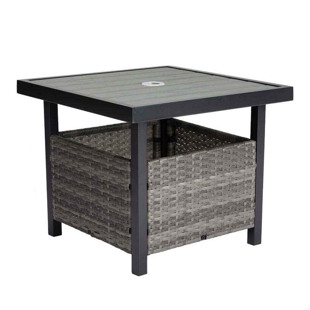 Karl home Gray Wicker Imitation Wood Outdoor Side Table with Umbrella ...
