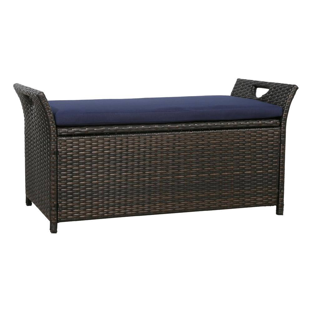 ULAX FURNITURE 40 Gal. Wicker Outdoor Storage Bench with Navy Cushion ...