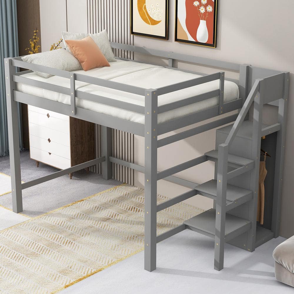 Qualler Wood Gray Full Size Loft Bed with Built-in Wardrobe and ...