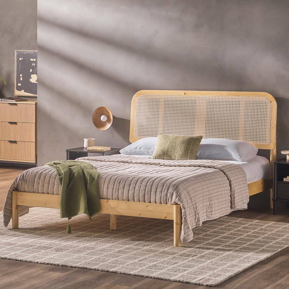 Reviews for Boho Beige Solid Wood Frame Queen Platform Bed with Rattan ...