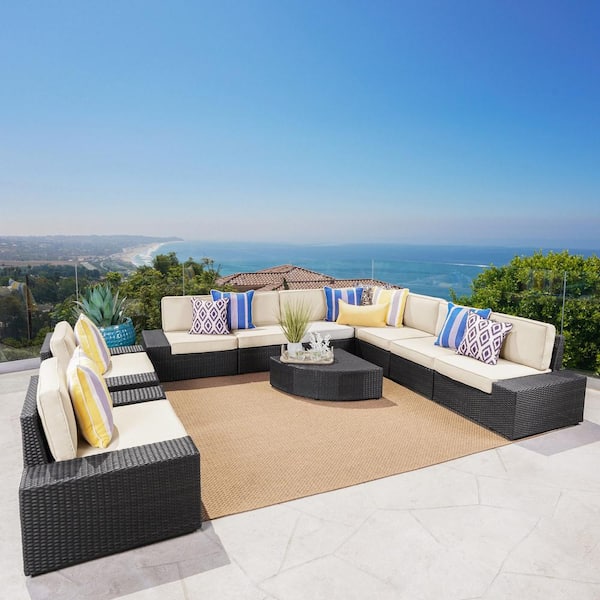 Noble House Santa Cruz Gray 10 Piece Wicker Outdoor Patio Sectional Set with White Cushions 13683 The Home Depot
