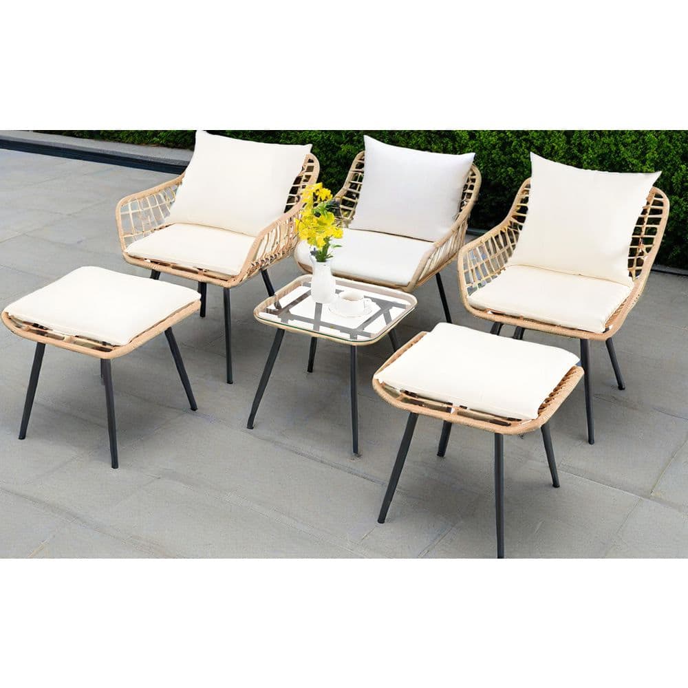 Sudzendf 5 Piece Wicker Outdoor Bistro Sets with Beige Cushions ...