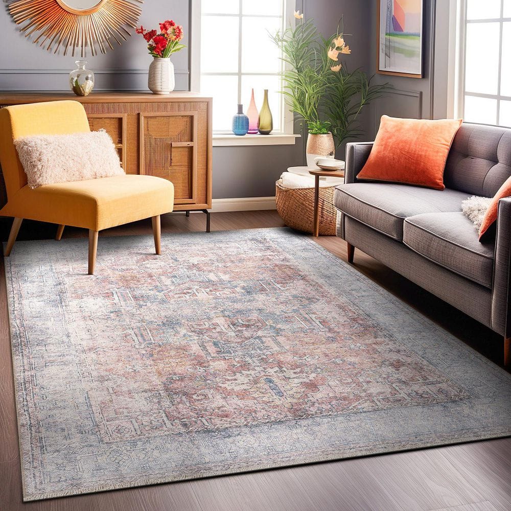World Rug Gallery Vintage Transitional Boho Machine Washable Rust 5 ft ...