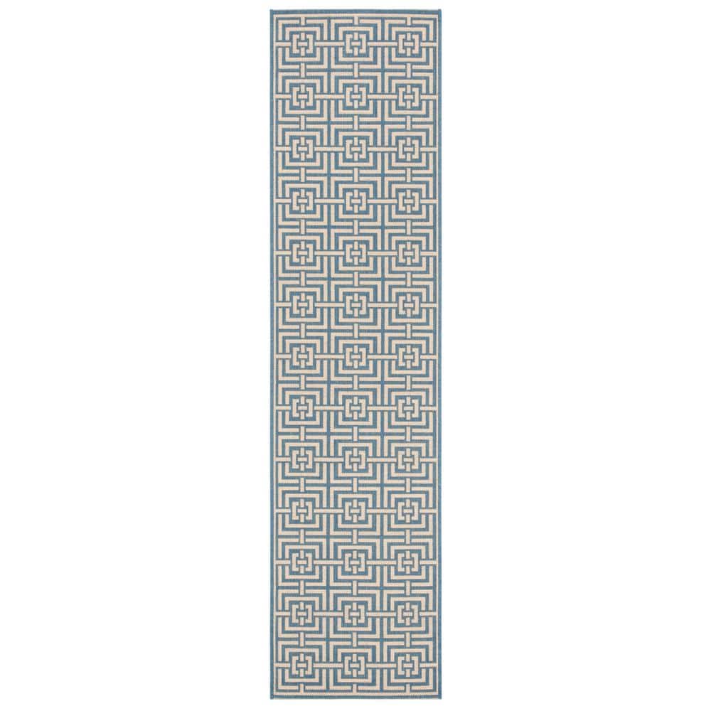 SAFAVIEH Beach House Blue/Cream 2 ft. x 12 ft. Geometric Fretwork ...