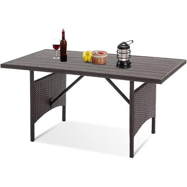 AECOJOY 54 in. Brown Wicker Metal Outdoor Rattan Dining Table with Frame 16076GR Table HD01