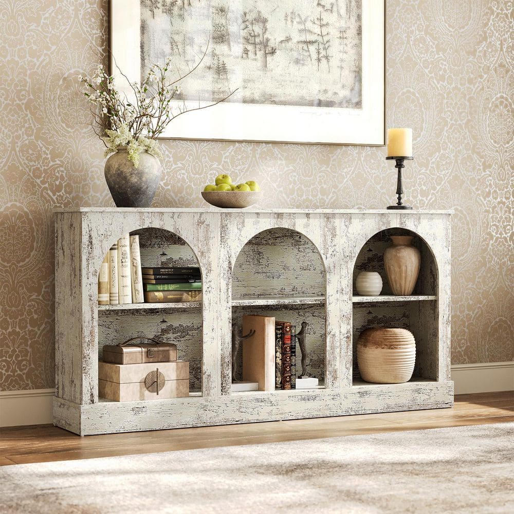 BYBLIGHT 63 in. Distressed White Rectangle MDF Console Table with ...
