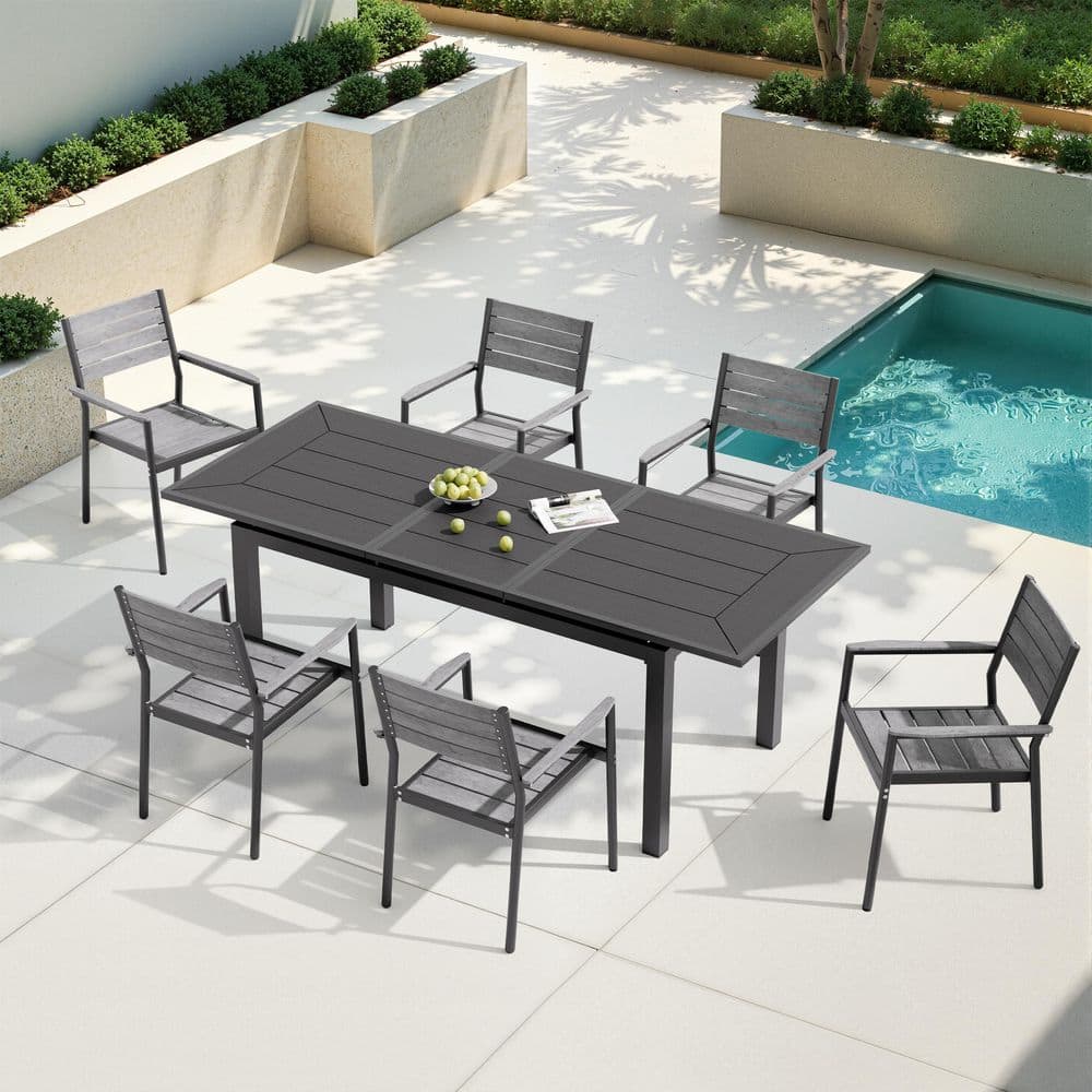 Pellebant 7-Piece Aluminum Wood-Like Rectangular Expandable Outdoor ...