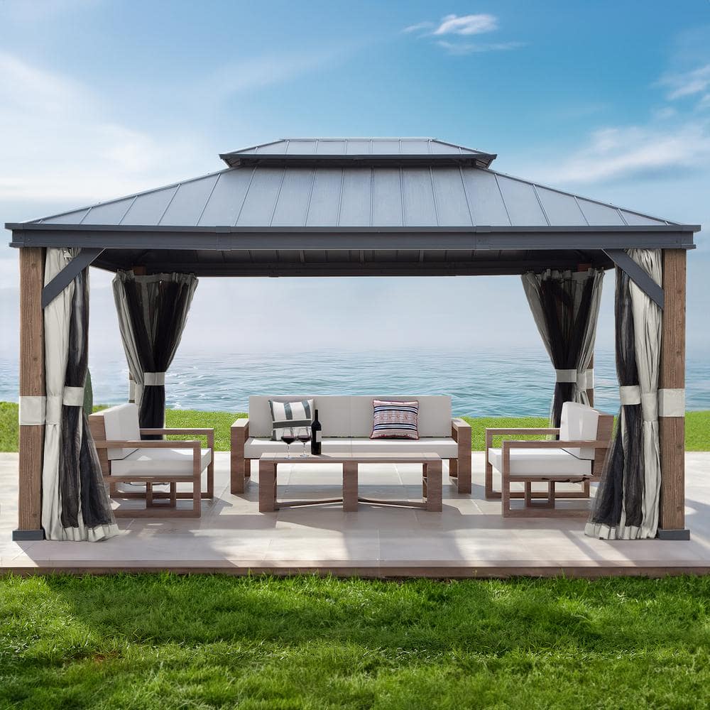 Gardenbee 16 ft. x 12 ft. Wood Grain Double Galvanized Steel Roof ...