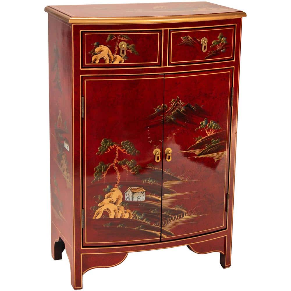 Red Lantern Red Lacquer Landscape Half-Round Accent Cabinet L3-3109R ...