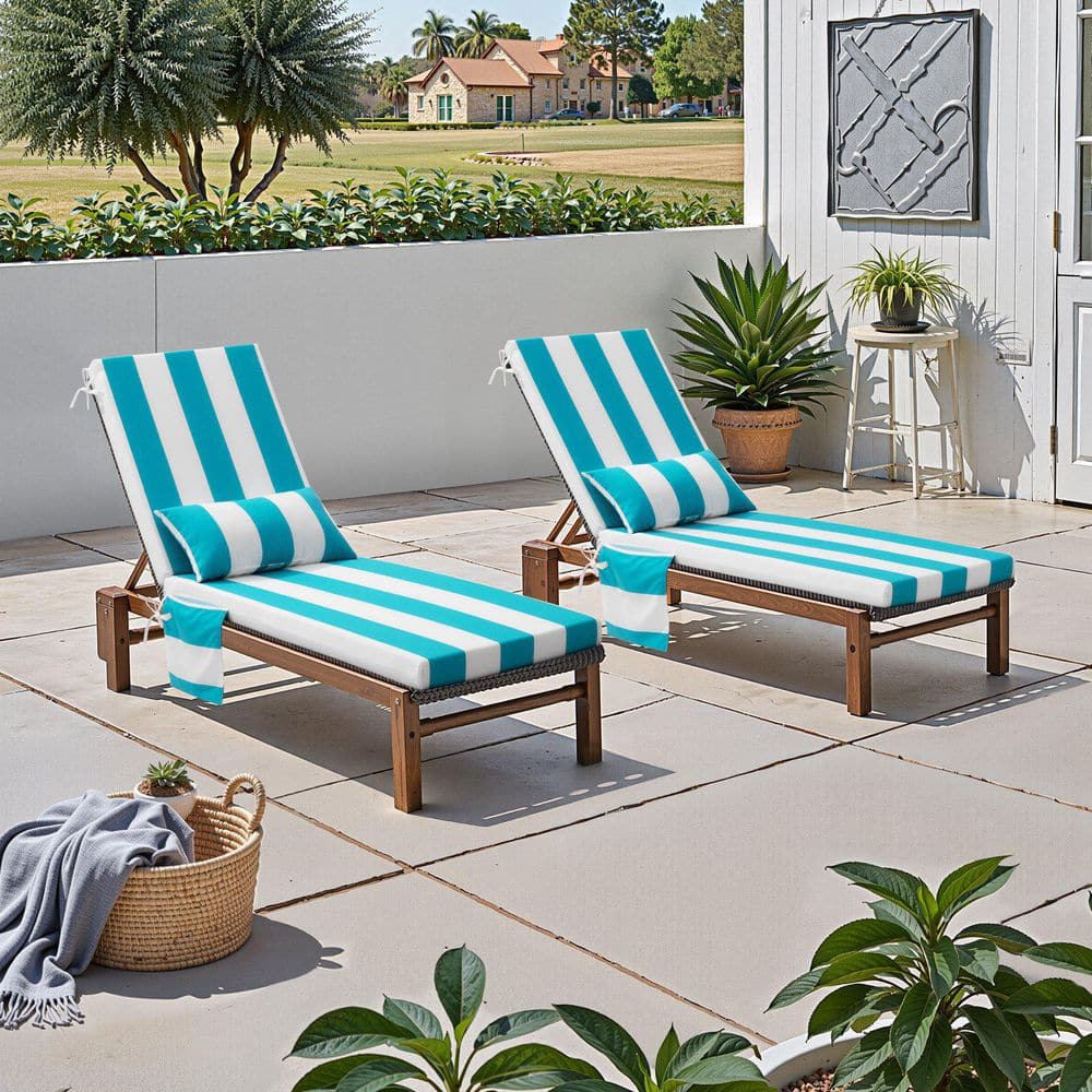 2-Pieces Patio Chaise Lounge Cushions in Blue and White 80 in.x 23 in ...