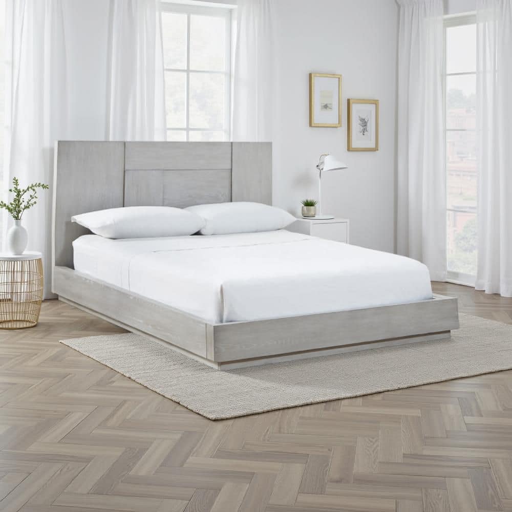 Benjara Joe Mahogany Gray Wood Frame Queen Size Platform Bed with ...