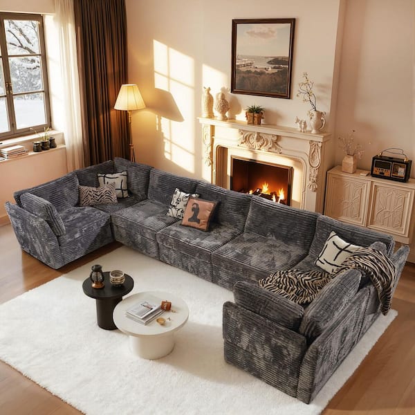 Allwex Cuke 159 in. Wide7 -Piece Modern Deep Seat Plush Corduroy U ...