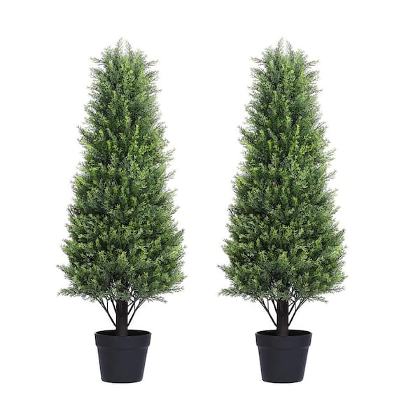 36 in. Artificial Cedar Tree Cone Shape Topiary in Pot (2-Pack ...