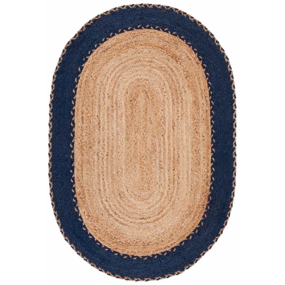 SAFAVIEH Natural Fiber Beige/Navy 4 ft. x 6 ft. Border Woven Oval Area ...