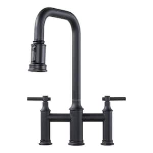 ALEASHA Pull Down Sprayer Double Handle Bridge Kitchen Faucet in Matte ...