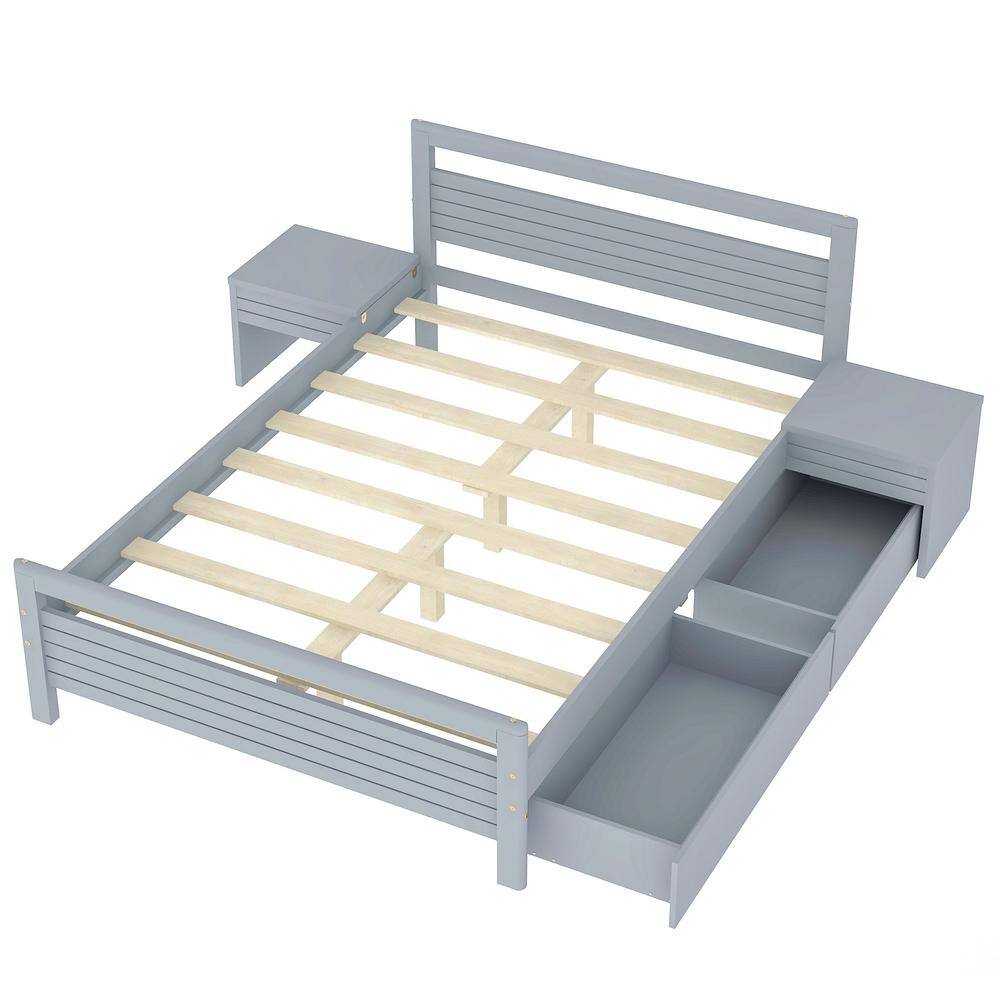 Qualler Gray Wooden Frame Full Size Platform Bed with 2 Beside Tables ...
