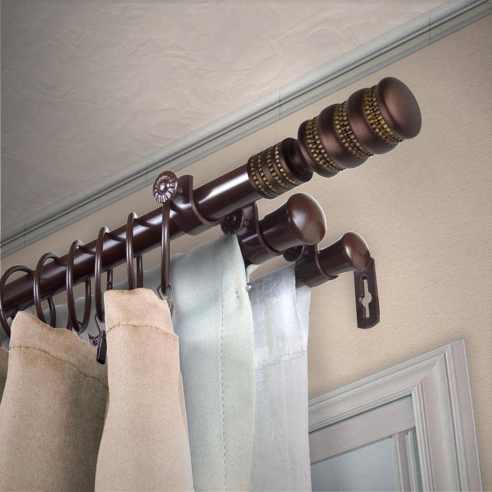 EMOH 13/16" Dia Adjustable 66" to 120" Triple Curtain Rod in Cocoa with ...