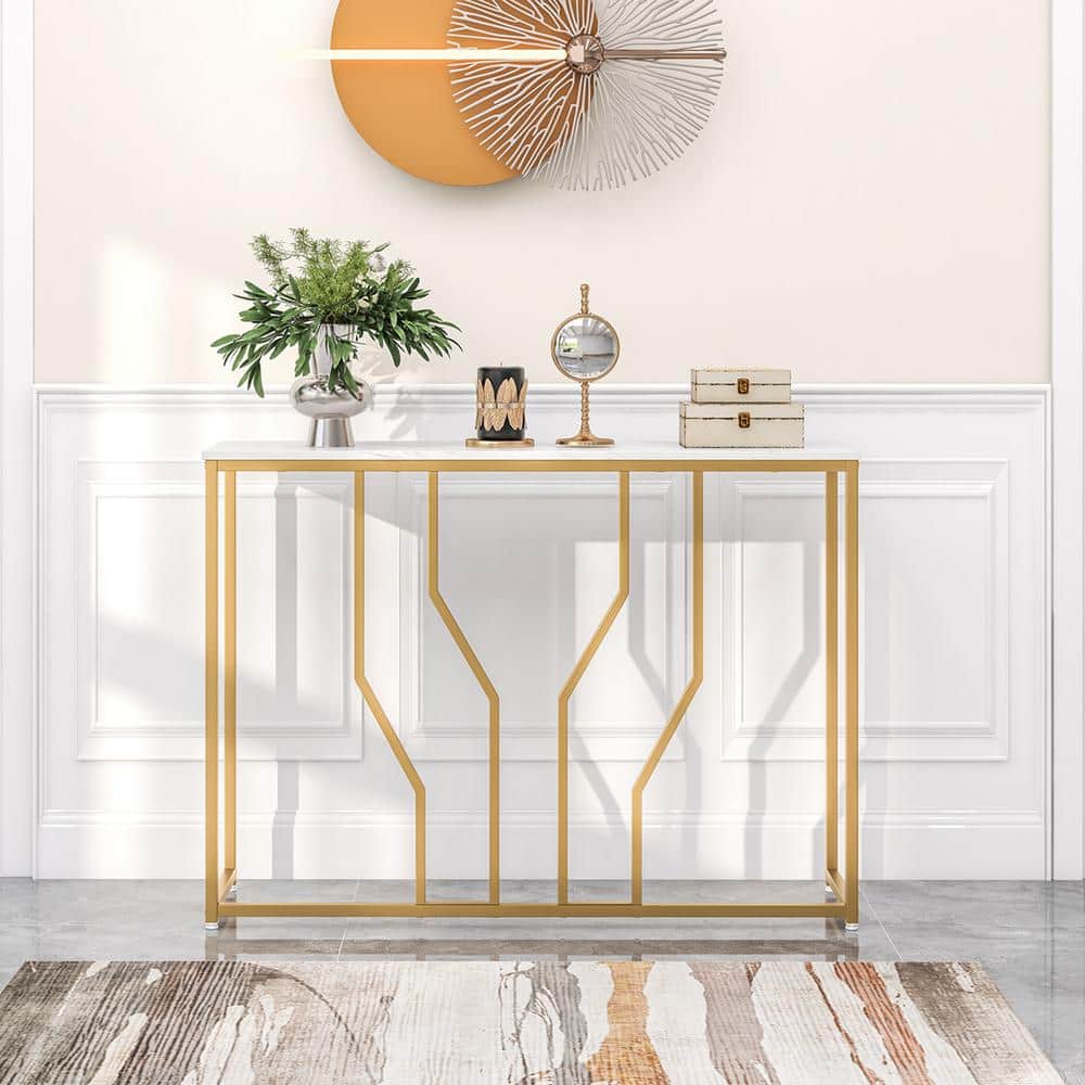 Costway 44 in. Gold Rectangle Faux Marble Tabletop Console Table with ...