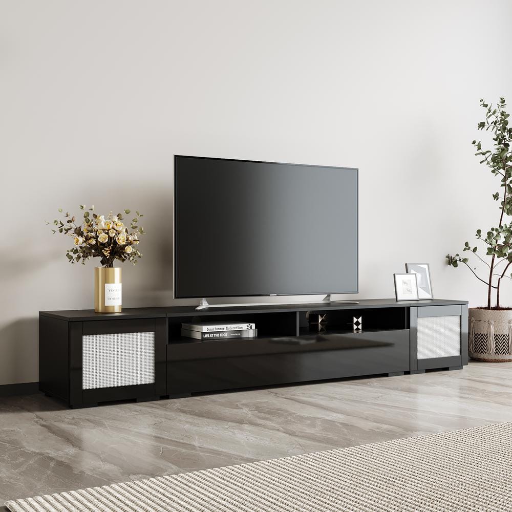 Harper & Bright Designs Black Rattan Style Extended TV Stand Fits TV's ...