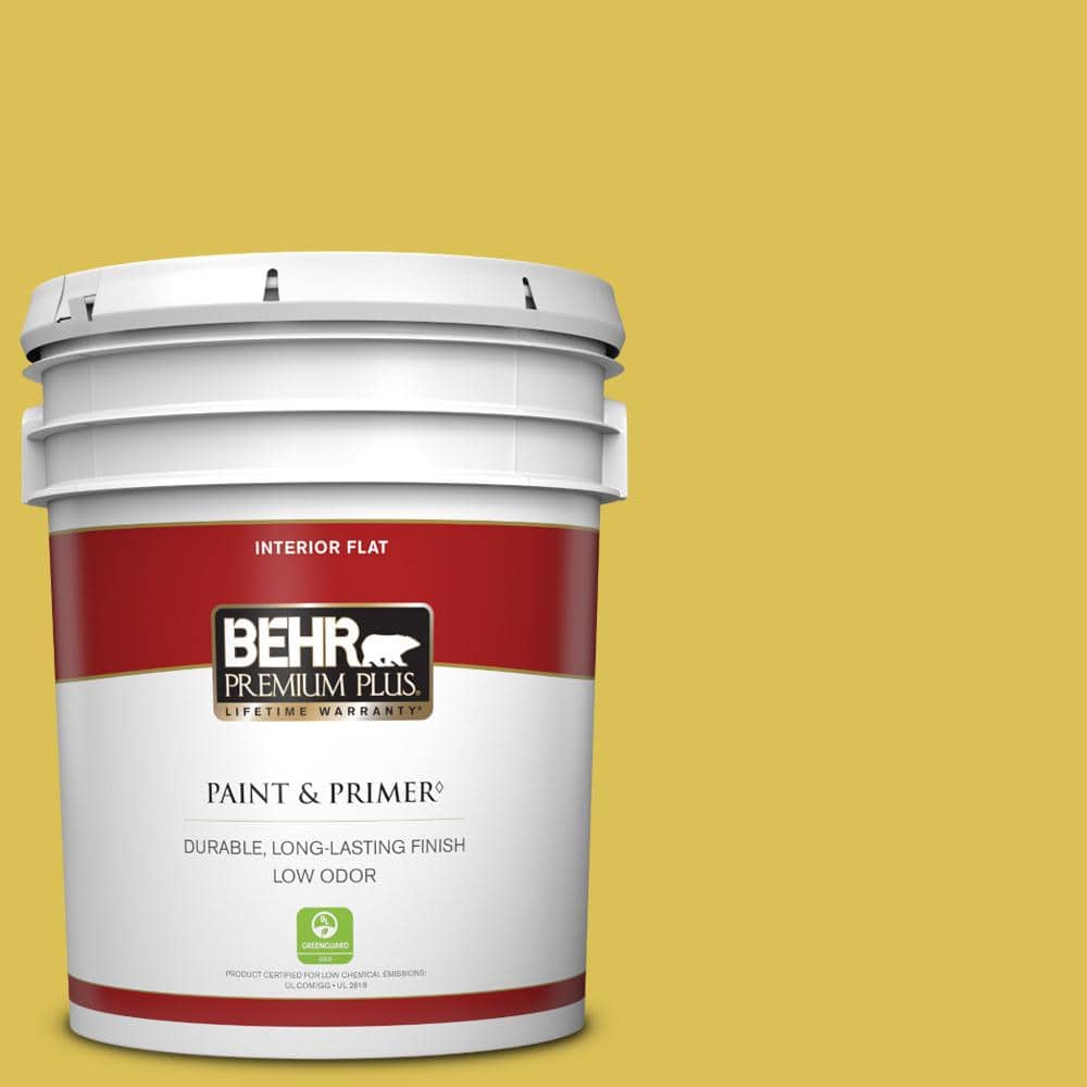BEHR PREMIUM PLUS 5 gal. #P320-6 Sulfur Yellow Flat Low Odor Interior ...