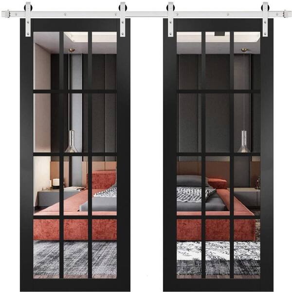 Sartodoors 42 in. x 96 in. 2 Panel Clear Glass Black Matte Solid Wood ...