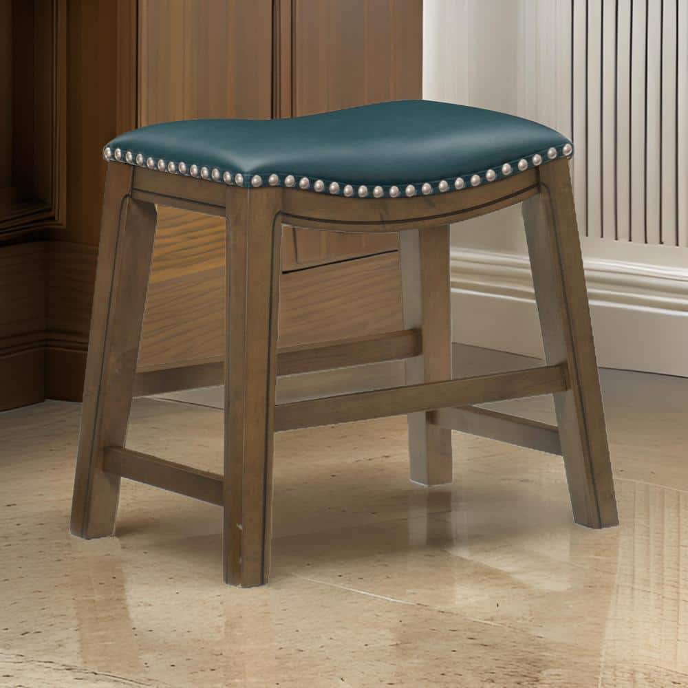 Benjara 20 in. Green and Brown Low Back Wooden Dining Stool with Faux ...
