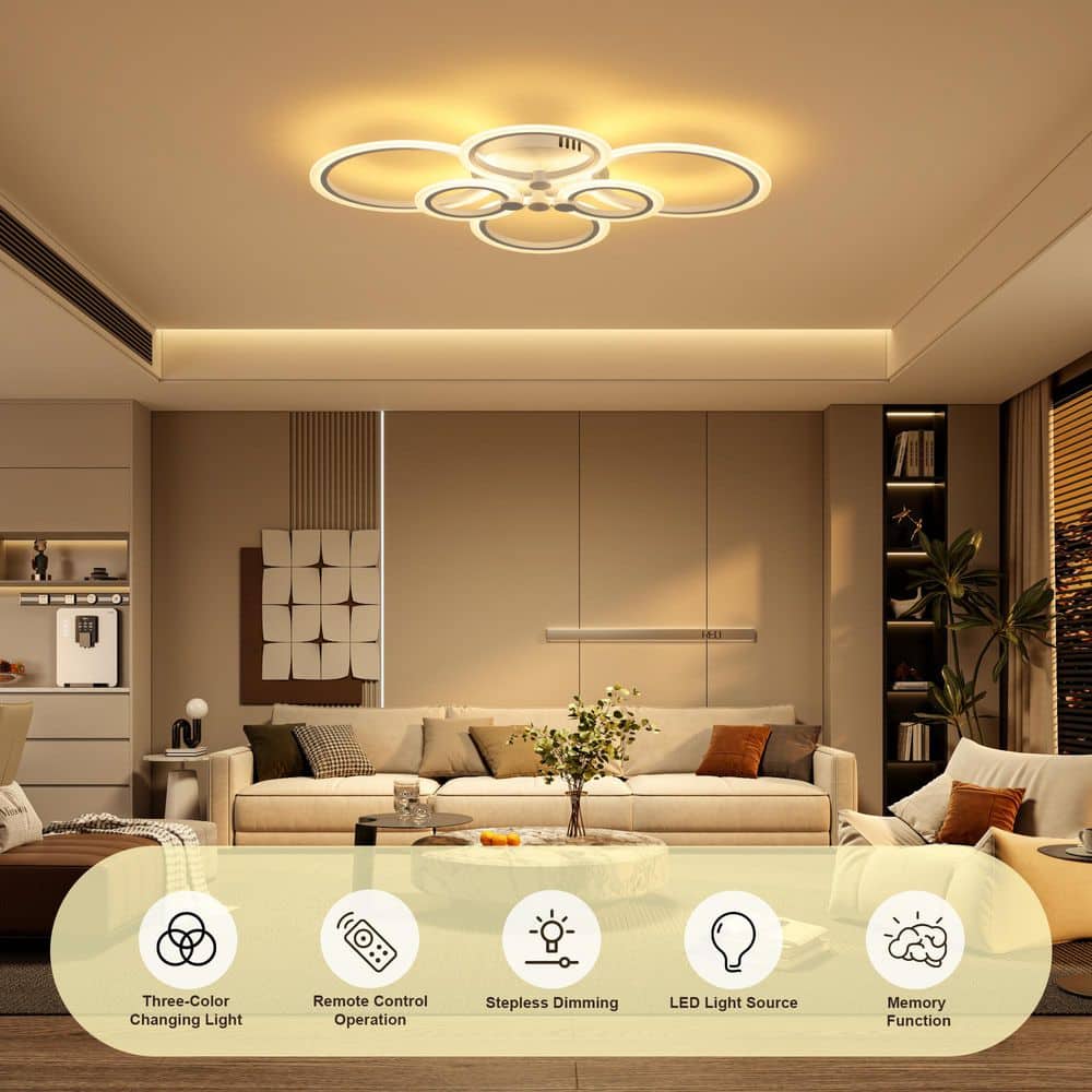 MultiEase 31 in. White Modern Dimmable Semi-Flush Mount Ceiling Light ...